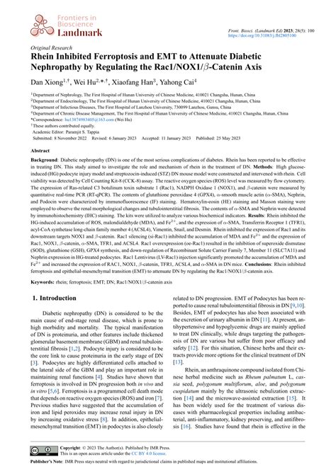 Pdf Rhein Inhibited Ferroptosis And Emt To Attenuate Diabetic