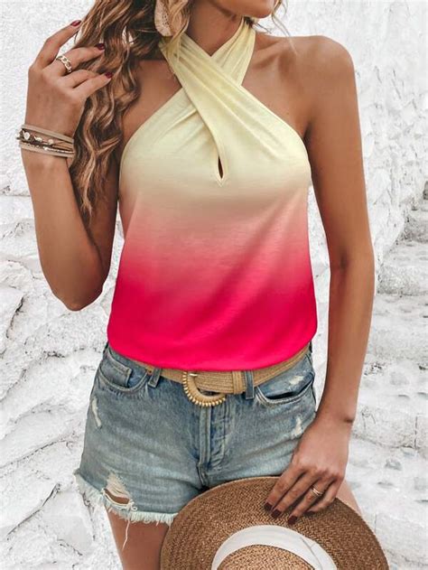 Ombre Cross Wrap Halter Top SHEIN USA