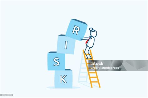 사업가 스틱 피규어 캐릭터 통상 사다리 배치 큐브 위험 큐브 큐브 위험 관리 평가 및 분석 성공적인 투자 기회 측정 손으로 그린 스타일 벡터 낙서 그림 가능한에 대한 스톡