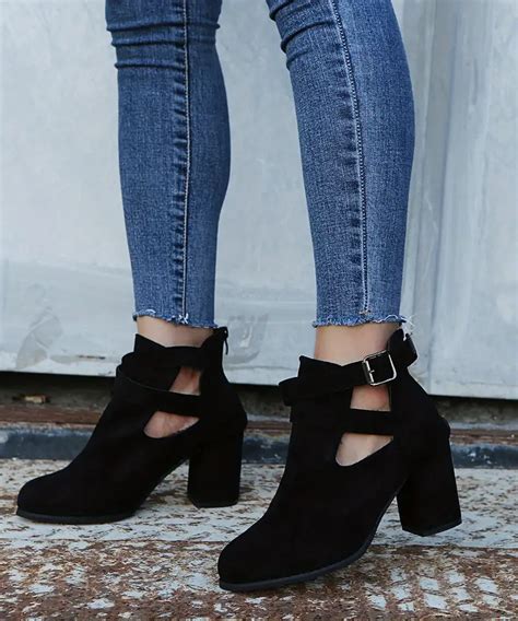 Womens Block Heeled Ankle Boots Comfy Buckle Strap Back Temu