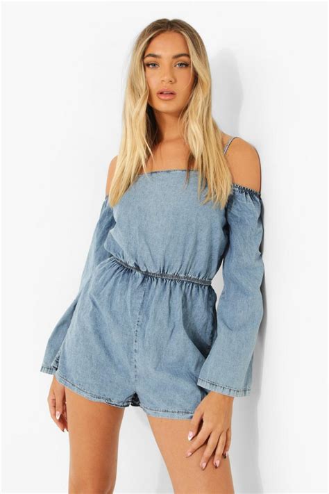 Flared Sleeve Off The Shoulder Denim Romper Boohoo