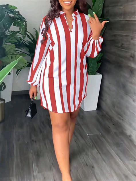 Inawly Plus Size Summer Casual Color Block Striped Lantern Sleeve Dress
