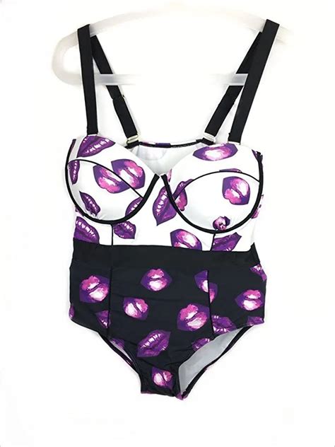 Bonitakinis Lip Printed One Piece Swimsuits Women Push Up Swimwear