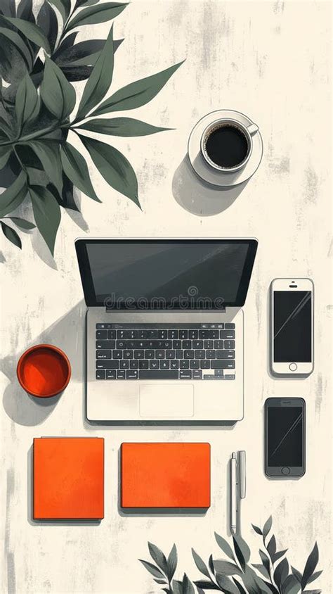 Flat Lay Of Modern Workspace With Laptop Coffee And Gadgets Stock