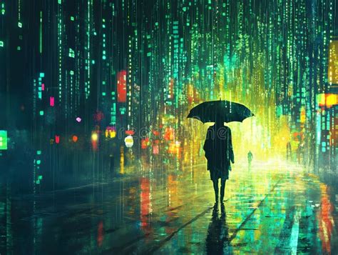 Captivating Digital Rain With Matrix Code Backdrop In City Nightscape Stock Illustration
