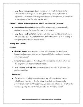 Unethical Shortcuts Work Ethics Scenario Reading Comprehension Worksheet