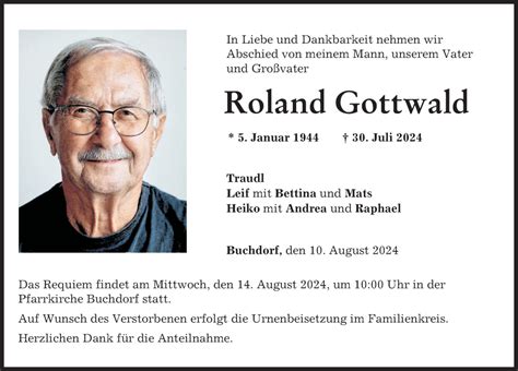 Traueranzeigen Von Roland Gottwald Augsburger Allgemeine Zeitung