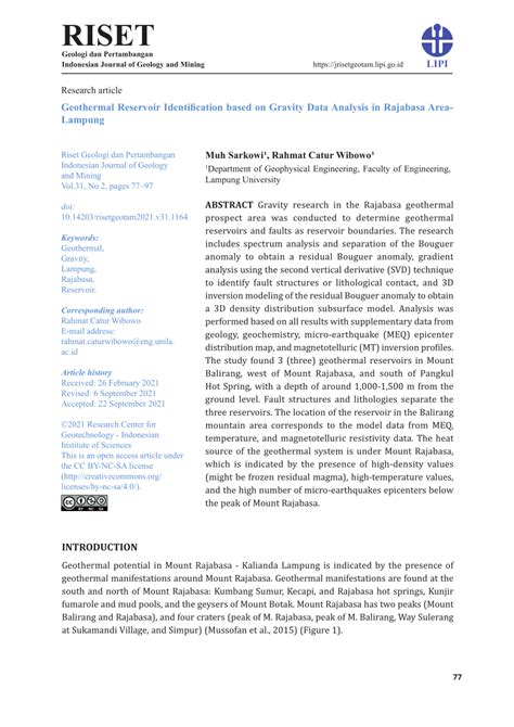 Pdf Geothermal Reservoir Identification Based On Gravity Data Analysis In Rajabasa Area Lampung