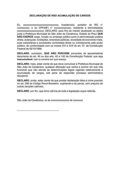 Declaração de não acumulação de cargos públicos PDF