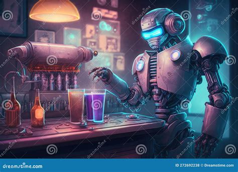 Robot Bartender Mixing Cocktails And Serving Drinks To Guests Stock