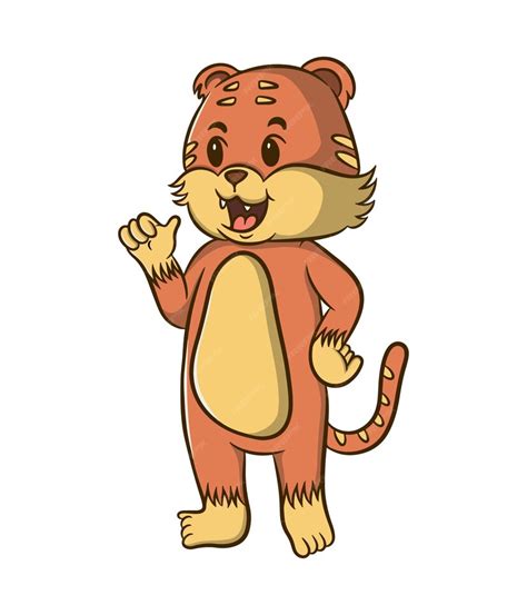 엄지 손가락을 포기하는 웃는 귀여운 작은 호랑이 만화 일러스트 디자인 프리미엄 벡터