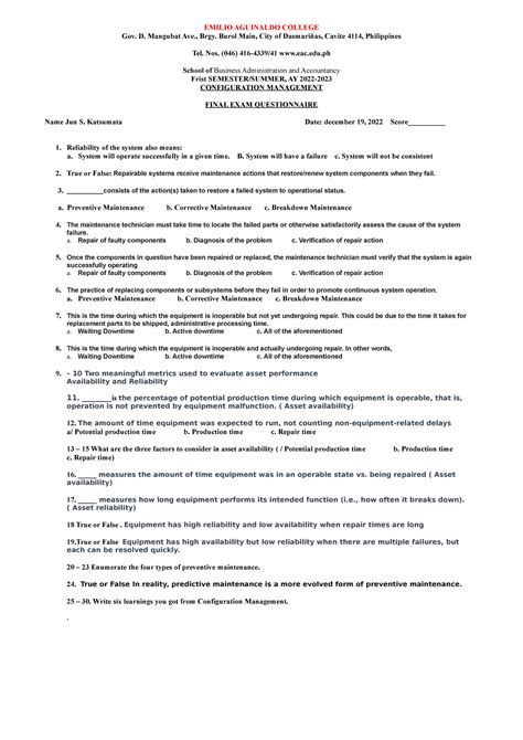 Configuration Management Final Exam Questionnaire Without Answer