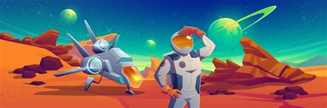 Astronaut And Spaceship On Mars Surface Stock Vector Illustration Of