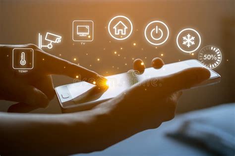 Hand Hold Smartphone With Smart Home App Standing Concept Of Iot Internet Of Things Stock Image