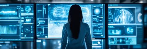A Woman Is Viewing Data On Multiple Monitors Symbolizing Data Analysis