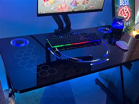 Elecwish 43 Inch Rgb Led Gaming Desk With Tempered Glass Desktop And