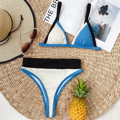 Ingaga Push Up Bikini Set Swimsuits High Waist Swimwear Women Ribbed