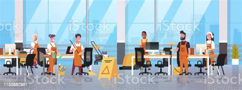 쉼터 팀 청소 서비스 개념 남성 여성 청소기 유니폼 함께 작업 전문 장비 현대 공동 작업 센터 사무실 인테리어 평면 전체 길이 수평 사무실에 대한 스톡 벡터 아트 및 기타