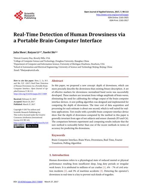 pdf real time detection of human drowsiness via a portable brain