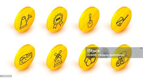 건초 더미 벌집 풍차 치즈 흙이 묻은 수레 삽 배너 라벨 태그 에코 로고 및 급수 캔 아이콘을 설정합니다 벡터 3차원 형태에 대한 스톡 벡터 아트 및 기타 이미지 Istock