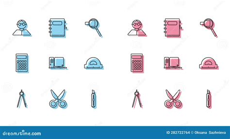Set Line Drawing Compass Scissors Student Stationery Knife Computer