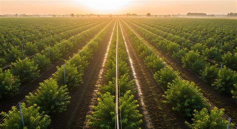 Agricultural Field At Sunrise With Rows Of Young Plants Stretching To