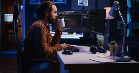 Focused Programmer Drinking Coffee In Apartment While Solving Database