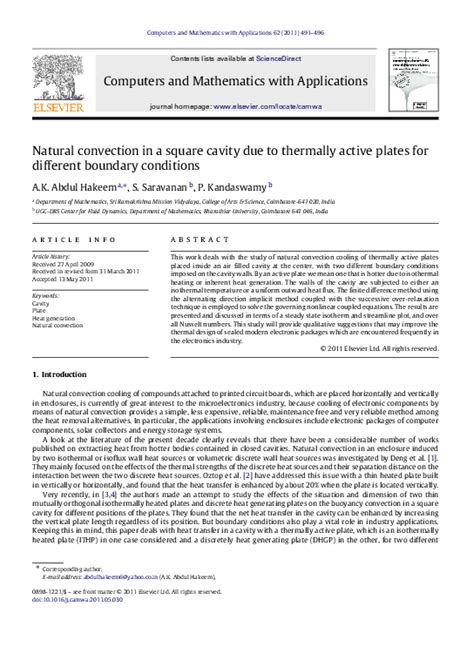 Pdf Natural Convection In A Square Cavity Due To Thermally Active Plates For Different