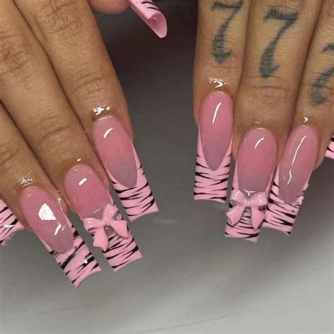Imrain French Tip Press On Nails Pink Square Long Fake Nails Glossy