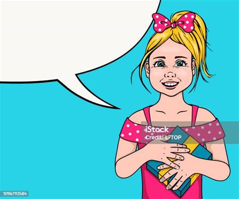 선물 상자를 들고 어린 소녀 미소 벡터 팝 아트 공란에 대한 스톡 벡터 아트 및 기타 이미지 공란 귀여운 기포 Istock
