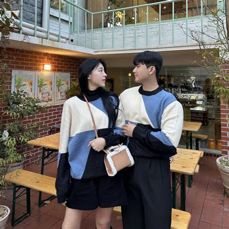 디어커플 커플시밀러룩 겨울 믹스 캐시미어 앙고라 커플니트 제주도 신혼여행 데이트룩