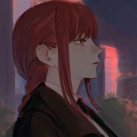 An Anime Character With Red Hair Looking Off Into The Distance In Front