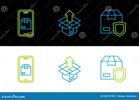 Set Line Delivery Security With Shield Mobile App Delivery Tracking And Unboxing Icon Vector