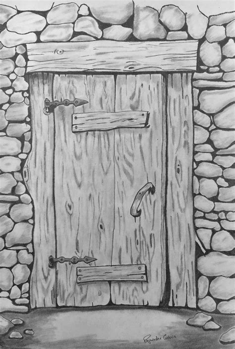 Architectural Pencil Drawing Of A Door In A Stone Wall