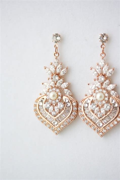 Rose Gold Earrings Bridal Earrings Rose Gold Crystal Earrings Pearl