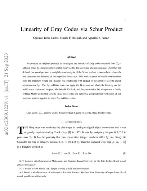 Linearity Of Gray Codes Via Schur Product Deepai