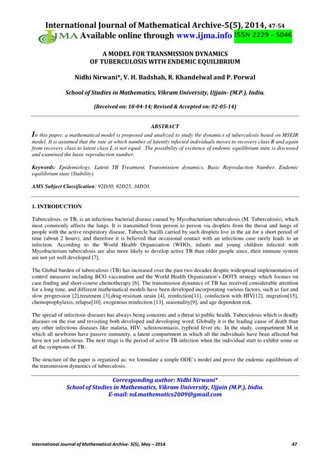 Pdf A Model For Transmission Dynamics Of Tuberculosis With Endemic