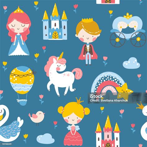 프린스 유니콘 백조 성 무지개공주 원활한 패턴 손으로 그린 만화 스타일로 요정 왕국에있는 소녀의 벡터 일러스트 파스텔 팔레트는