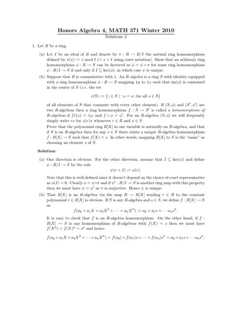 Honors Algebra 4 Math 371 Winter 2010 Solutions 2 Pdf Ring