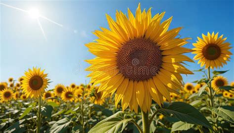Sunflower Field Landscape With Blue Sky And Bright Sunshine Summer