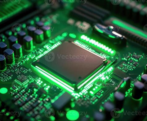Close Up View Of A Glowing Microprocessor On A Circuit Board Showcasing Intricate Details And
