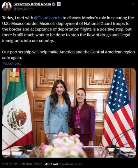 kristi noem y claudia sheinbaum en palacio nacional hoy declaraciones