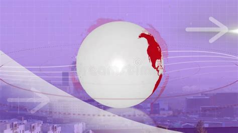 Animation Of Rotating Globe And Arrows With Lens Flare Over Modern City