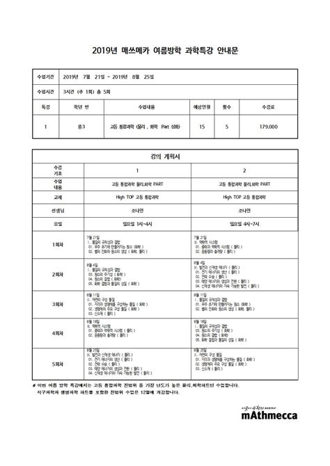 커뮤니티 2019년 여름방학 중3 통합과학 특강계획서