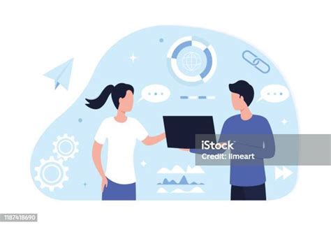 비즈니스 분석가의 팀워크 개념입니다 랩톱을 가진 여성과 남성은 매출을 늘리고 통계를 연구하고 데이터를 분석하는 전략을 개발합니다