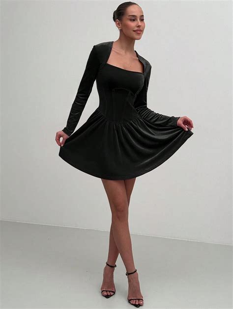 Aloruh Vestido mini de fiesta con cuello cuadrado cintura ceñida y