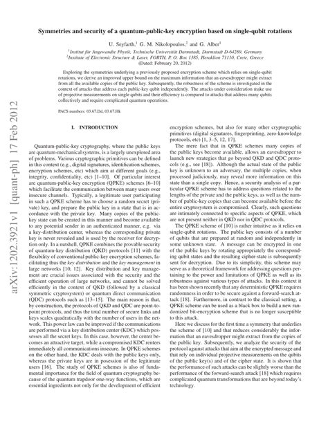 Pdf Symmetries And Security Of A Quantum Public Key Encryption Based
