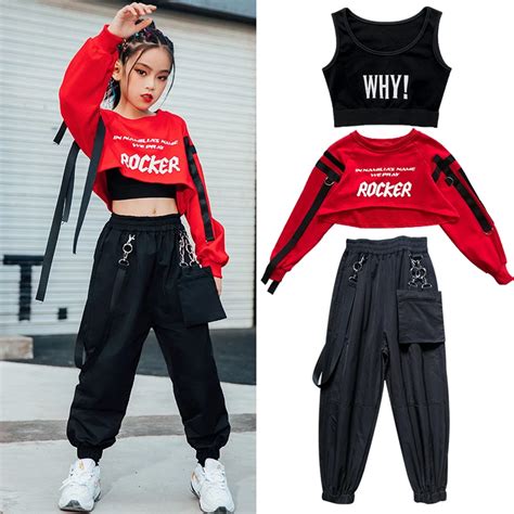 Girls Hip Hop Clothing Red Tops Black Pants Casual Overalls Street