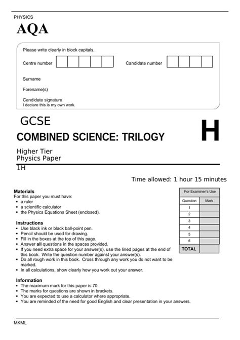 Aqa Gcse Combined Science Trilogy Physics Paper 1h And 2h Question Papers And Mark Schemes Stuvia Us