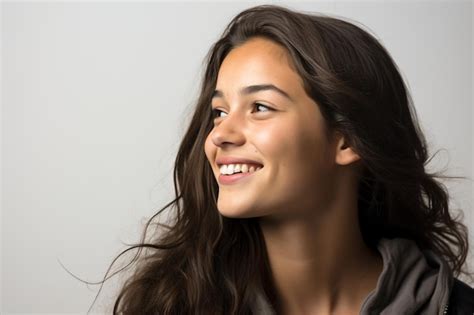 Una Mujer Con El Pelo Largo Sonriendo Y Mirando Hacia Arriba Foto Premium